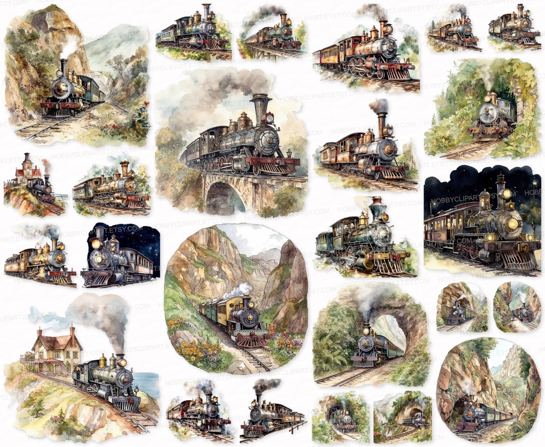 Vintage Train PNG SVG Watercolor Clipart Set Train Sublimation Digital ...