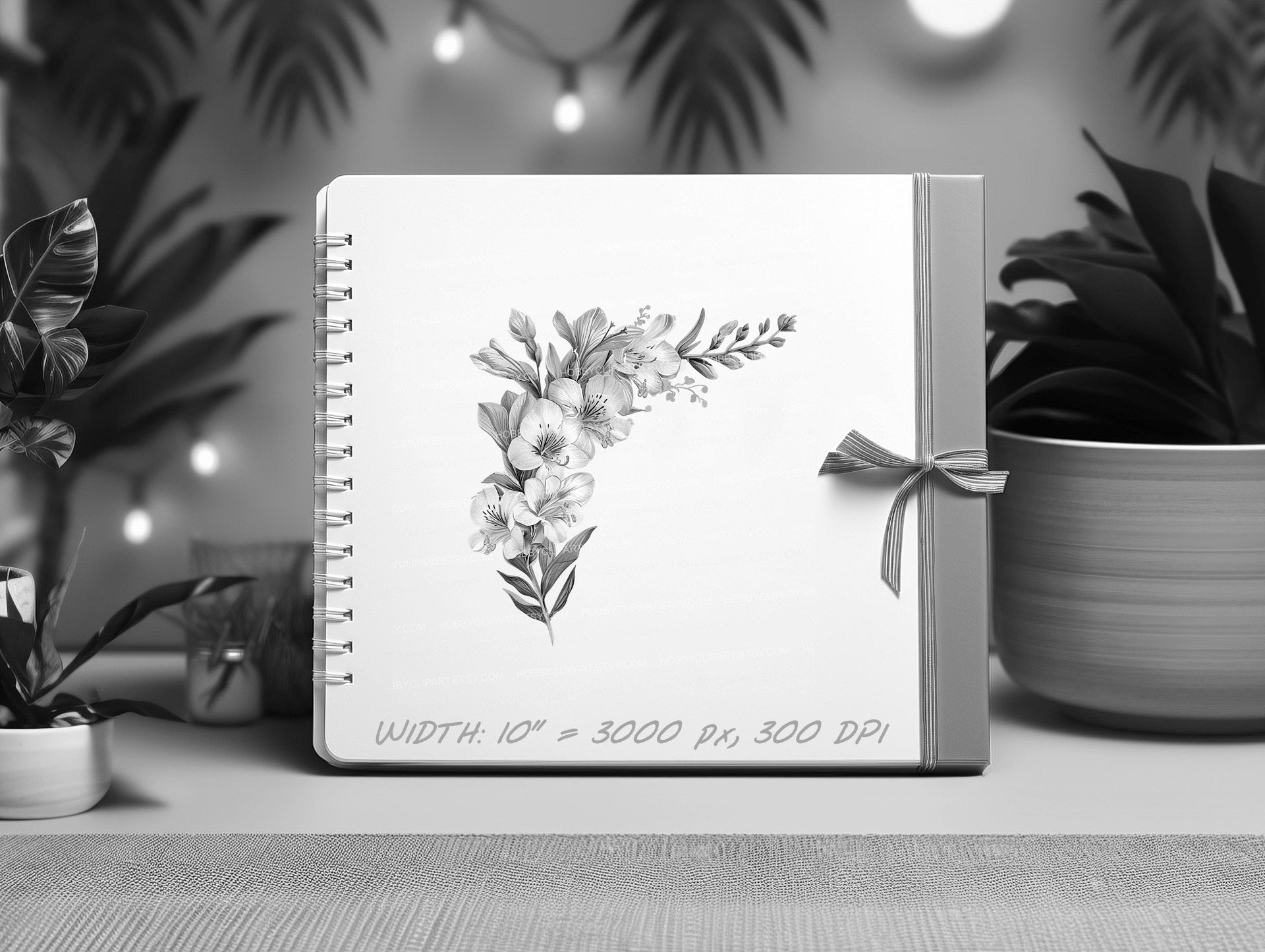 Freesia Flower Border Clipart: Black and White Watercolor Corners (PNG ...