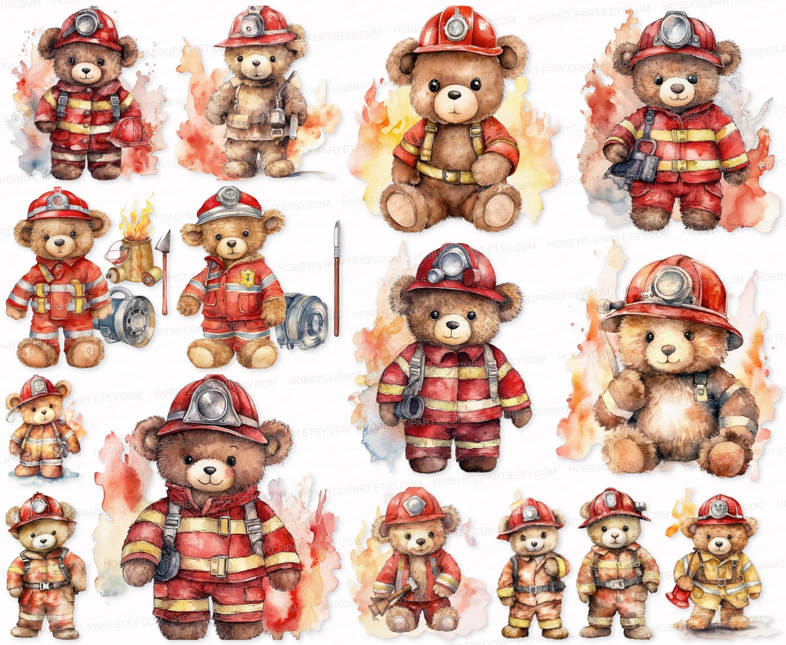 Teddy Bear Firefighter PNG SVG Watercolor Clipart Set Teddy Bear ...