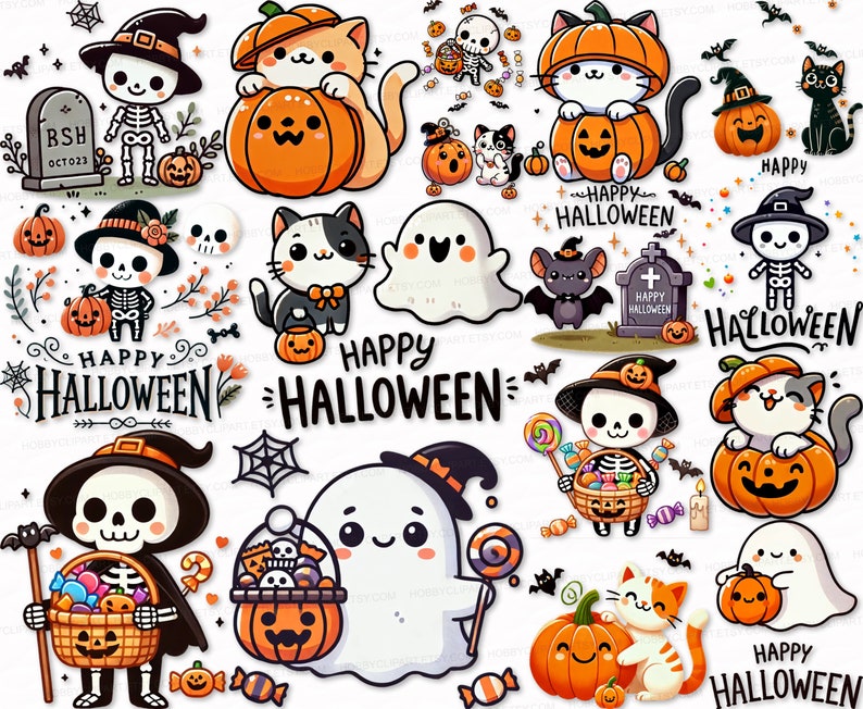 Kawaii Halloween Clipart Bundle: Ghost, Cat, Spider (30 PNG SVG Files ...