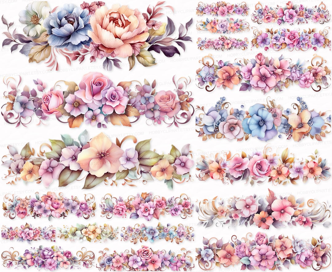 Horizontal Flower Border PNG SVG Watercolor Clipart Set Digital ...
