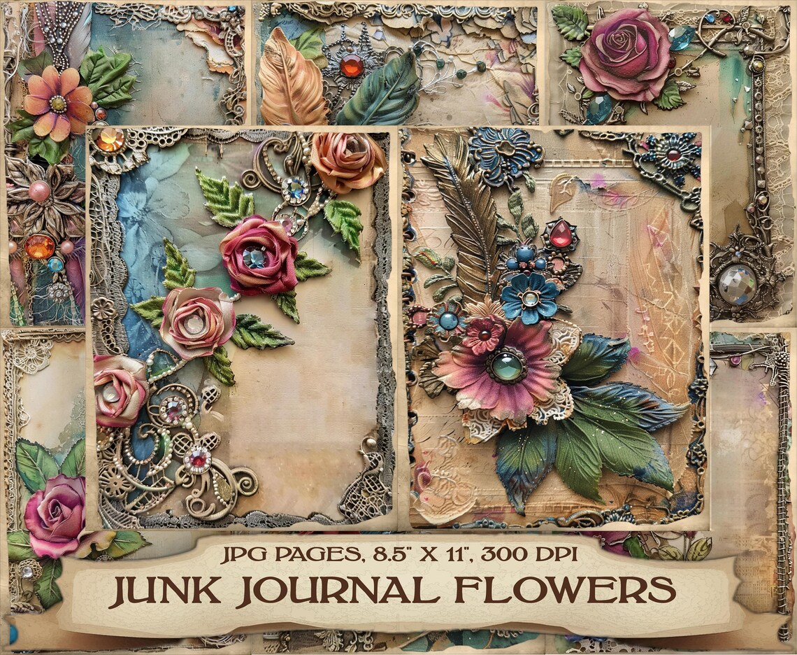 Vintage Flower Digital Junk Journal Pages 30 JPG PDF Scrapbooking Craft ...