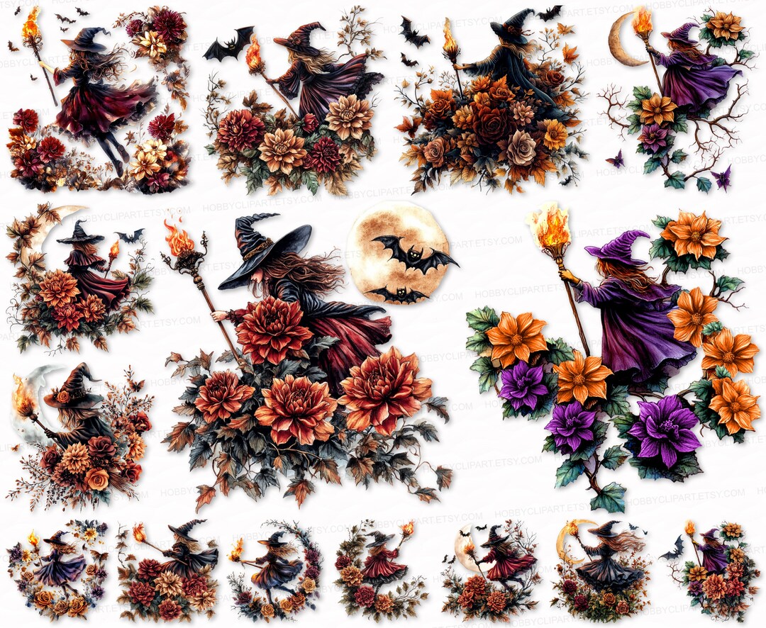 Watercolor Witch Clipart Set: Halloween Gothic PNG SVG (digital ...