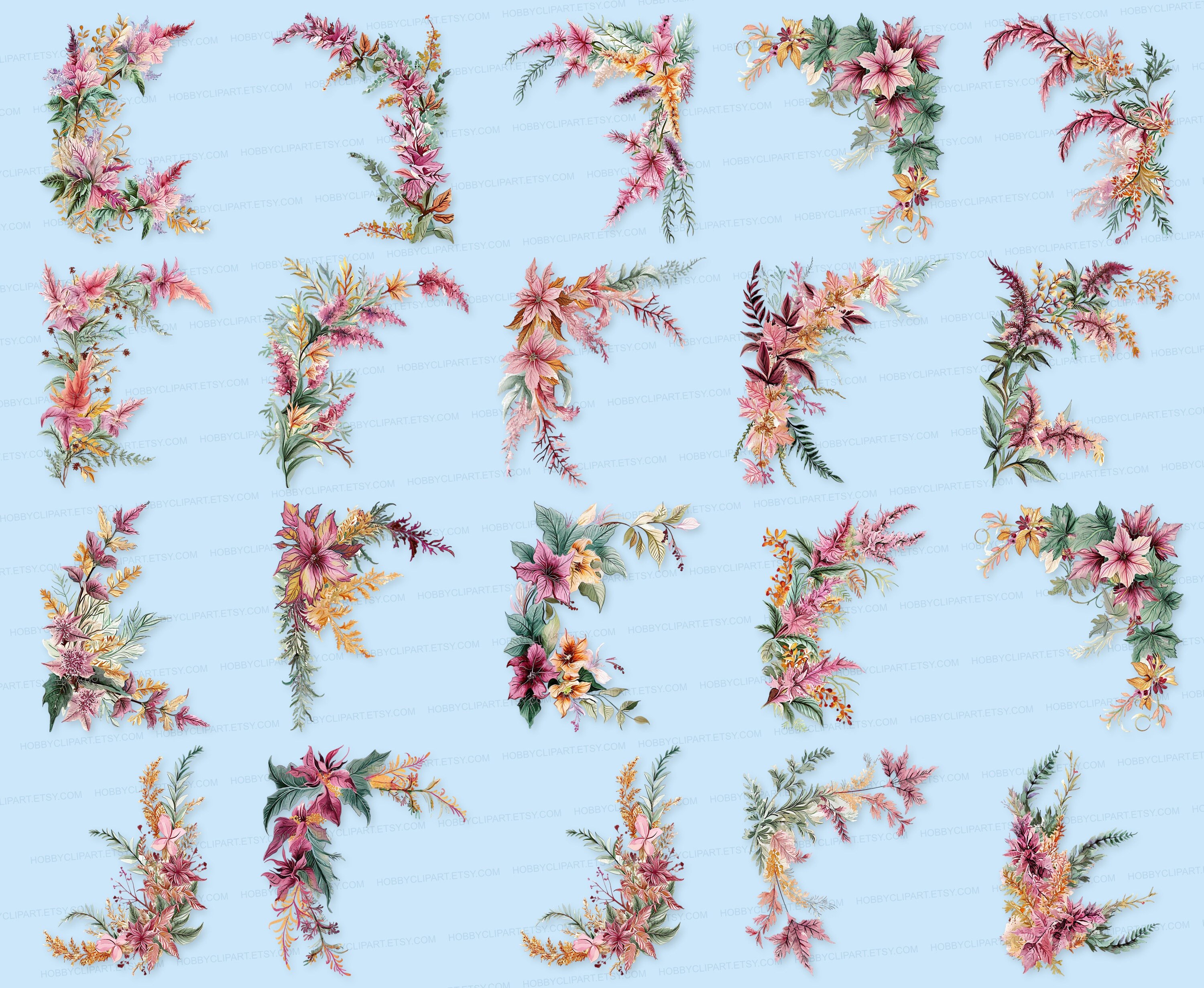 AMARANTH Corner Flower Border PNG SVG Watercolor Clipart Set Flower ...