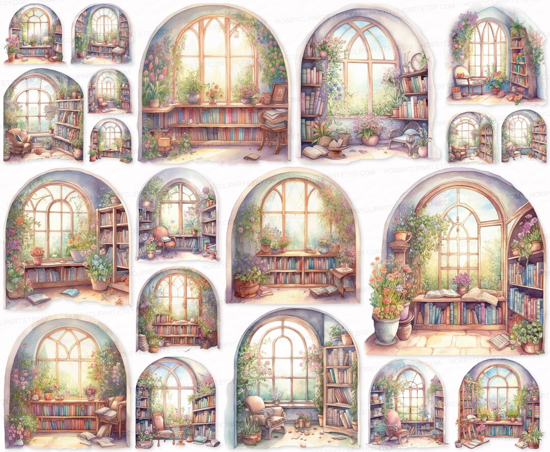 Watercolor Book Corner Clipart Set: Cozy Reading Nook (PNG SVG Digital ...