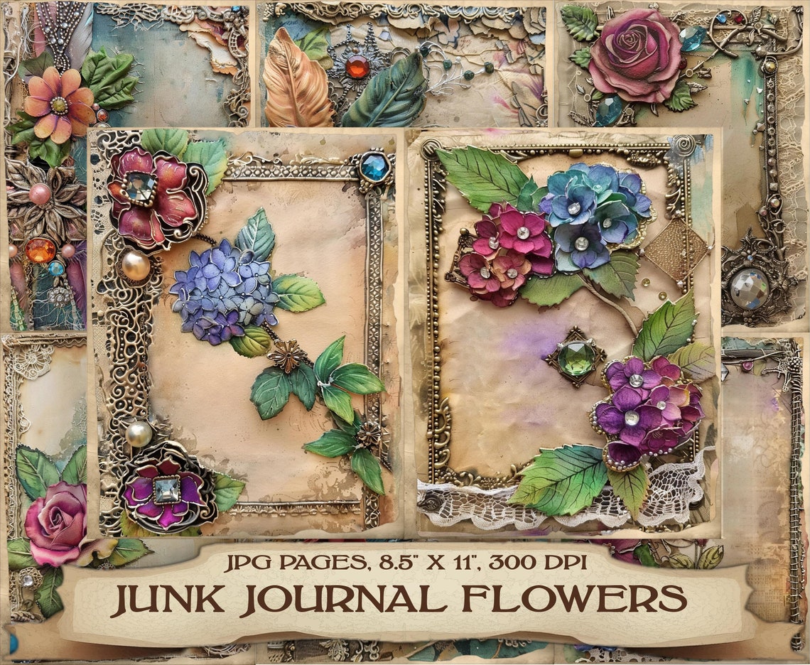 Vintage Flower Digital Junk Journal Pages 30 JPG PDF Scrapbooking Craft ...