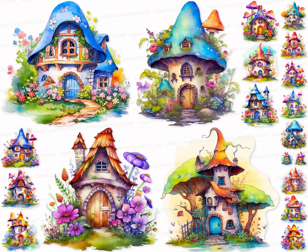 Watercolor Fairy Mushroom House Clipart Set: Whimsical PNG SVG (digital ...
