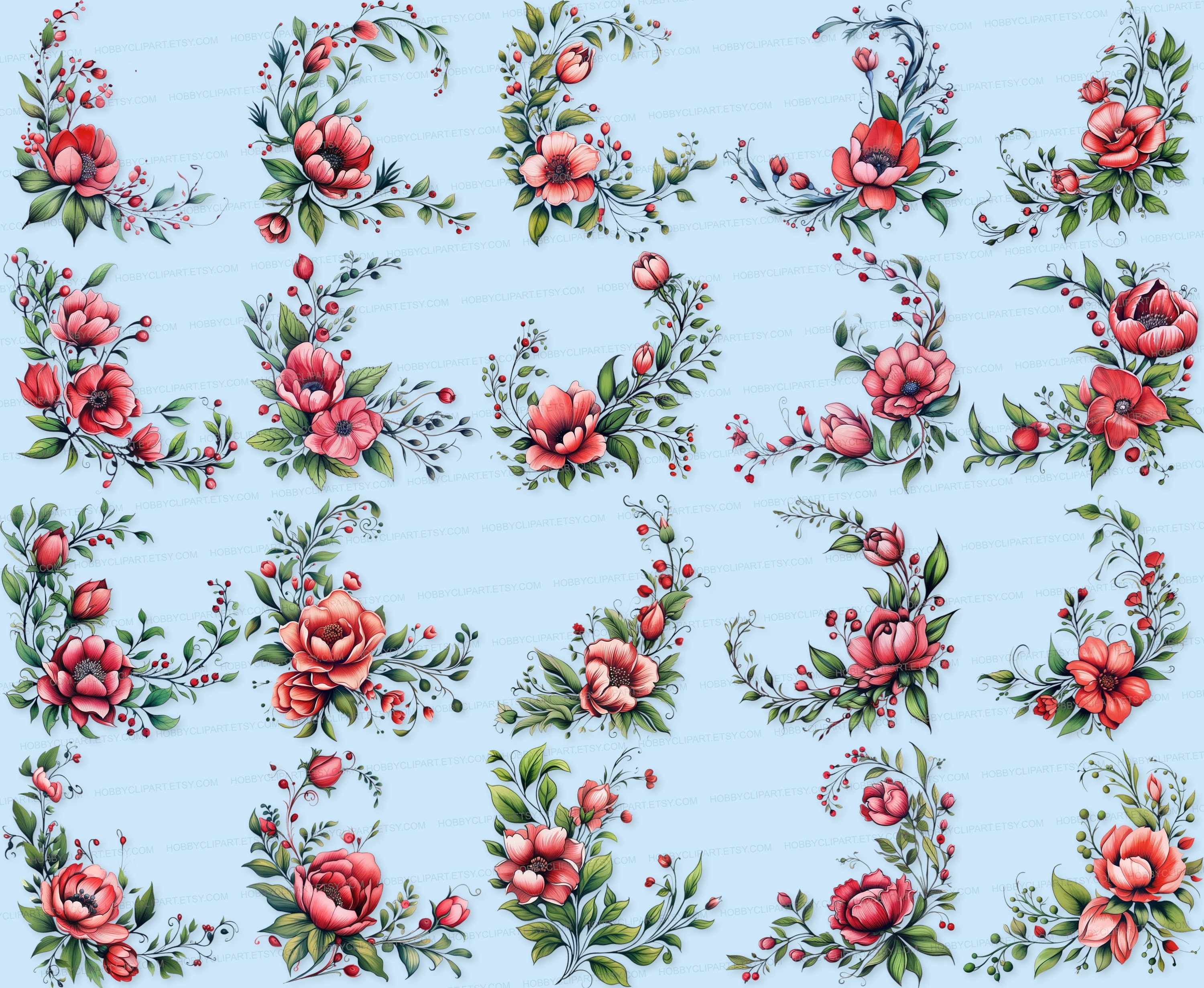 Corner Flower Border PNG SVG Watercolor Clipart Set Flower Stickers ...