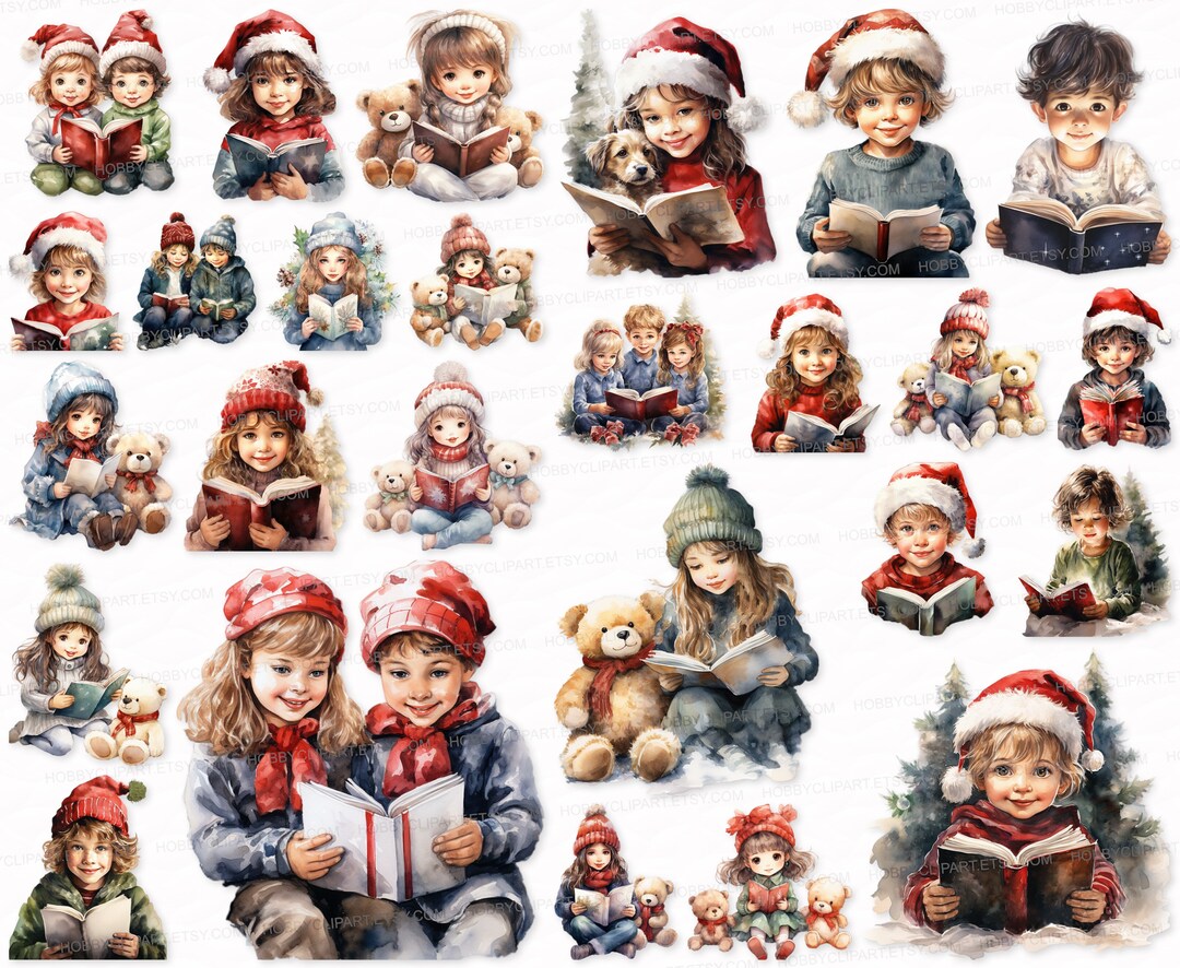 Christmas Book Clipart: Teddy Bear, Kids Reading (PNG SVG Digital ...