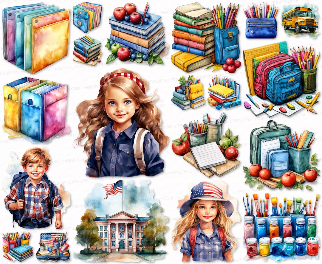 Watercolor School Clipart Bundle: 45 PNG SVG Illustrations (digital ...