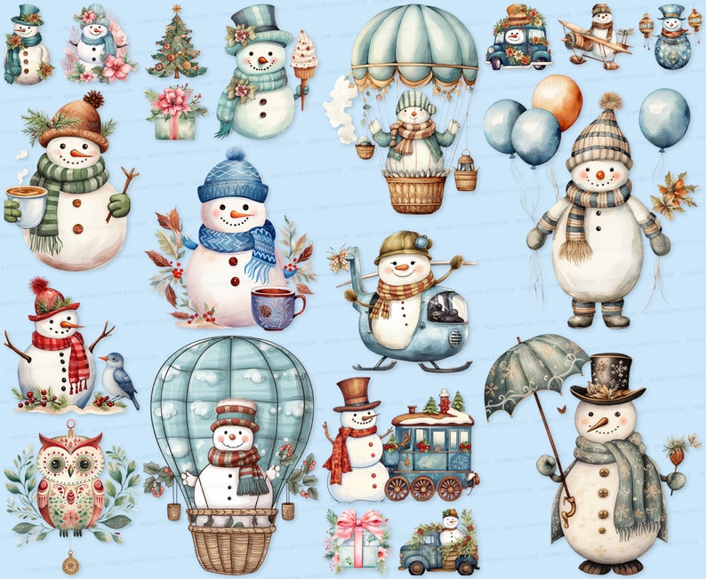 Christmas Snowman PNG SVG Printable Clip Art Vintage 30 PNG Watercolor ...