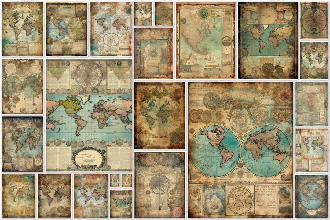 25 Vintage Geographical Map Digital Paper Junk Journal Kit Scrapbook ...