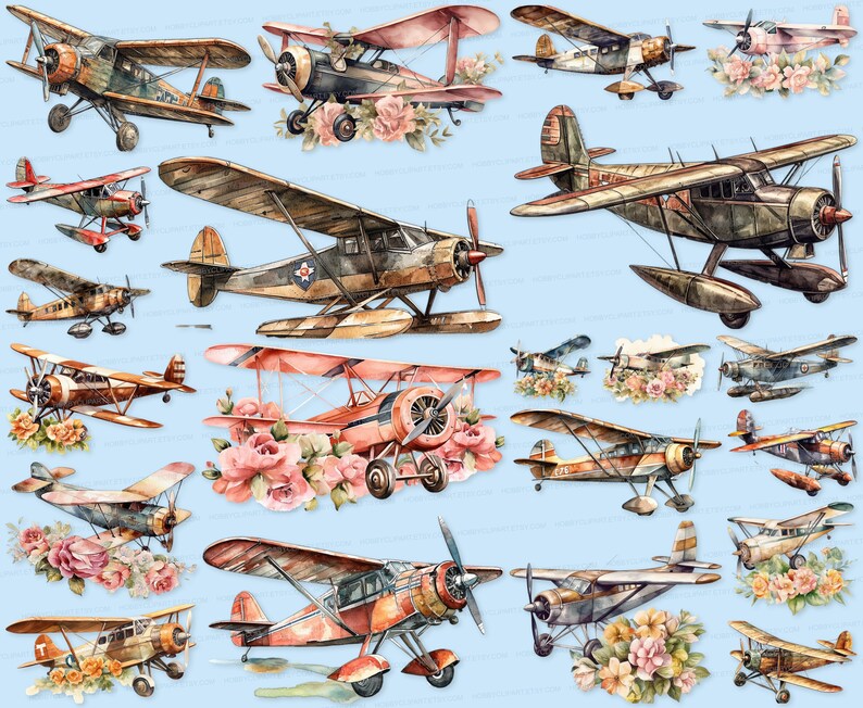Watercolor Airplane Clipart Set: Vintage Aircraft PNG SVG (digital ...