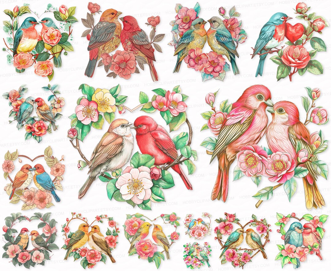 Valentine's Day Bird Clipart: Vintage Floral PNG SVG Bundle (digital ...