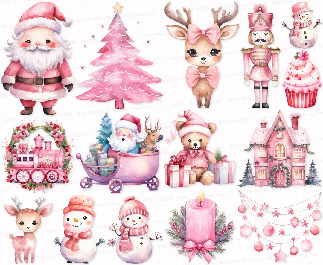 Pastel Pink Christmas Clipart Bundle: Watercolor PNG SVG Images ...
