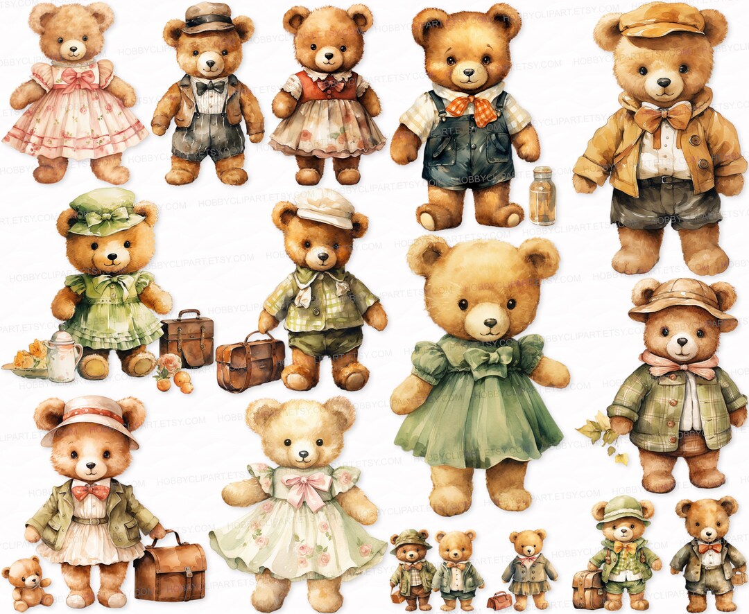 Vintage Teddy Bear 25 PNG SVG Bundle Clipart Illustrations Scrapbook ...