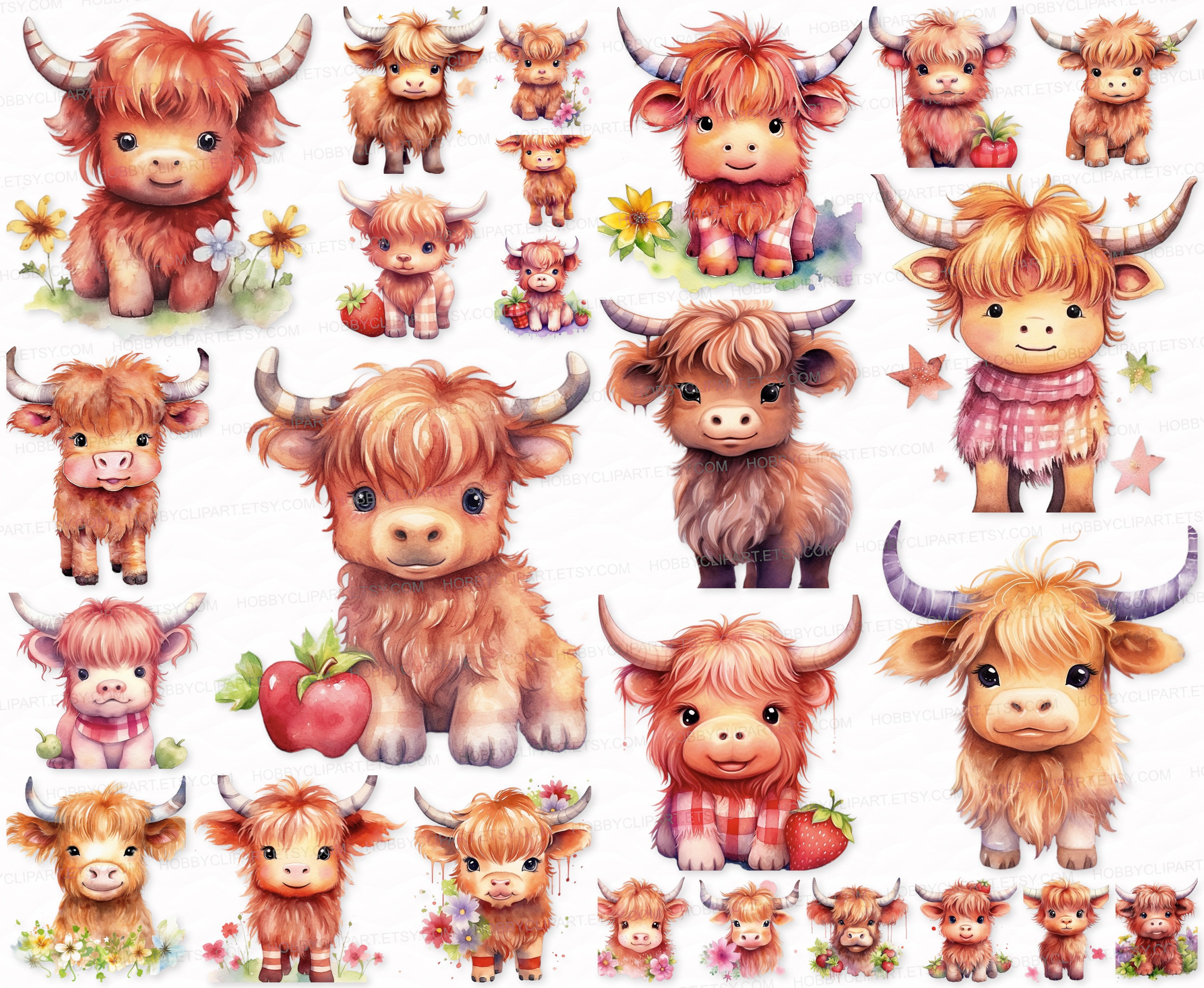 Watercolor Highland Cow Clipart: Baby Cows PNG SVG Set (digital ...
