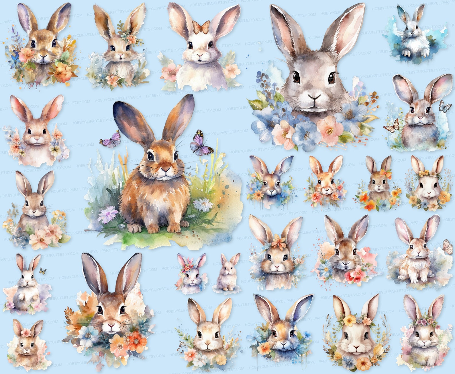 Hare PNG SVG Watercolor Clipart Set Flower Hare Sublimation Digital ...