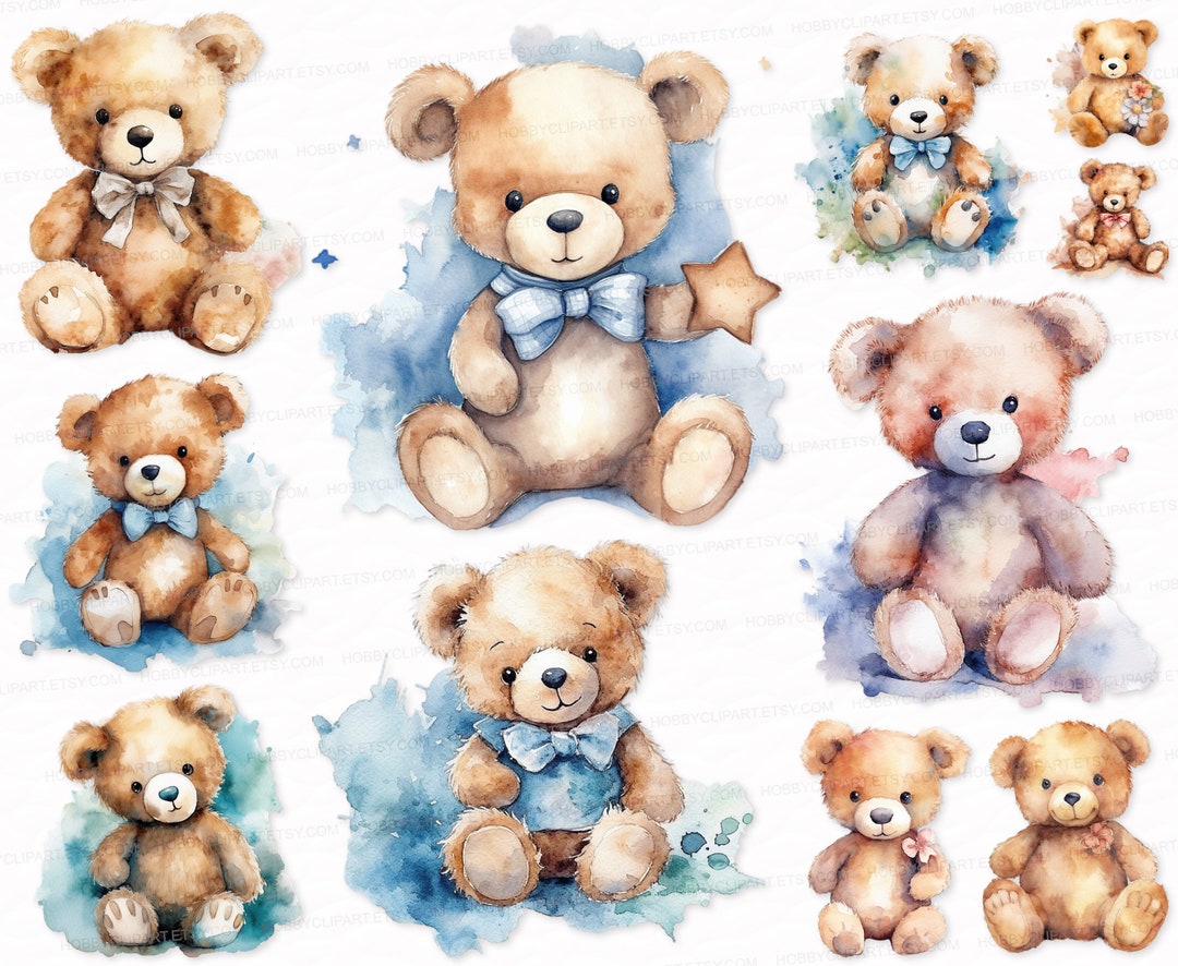 Watercolor Teddy Bear Clipart Set: PNG SVG for Commercial Use (digital ...