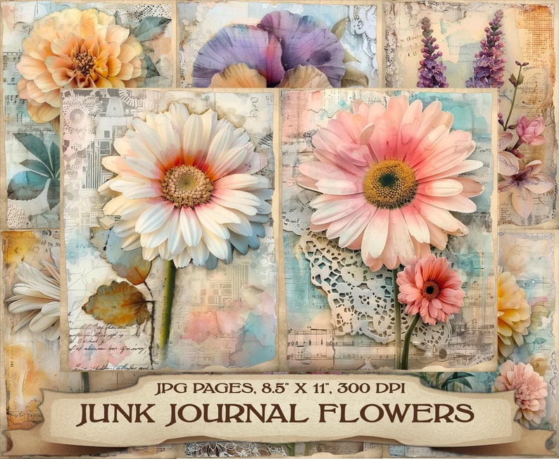Vintage Flower Scrapbooking Paper Bundle for Junk Journal Pages Digital ...