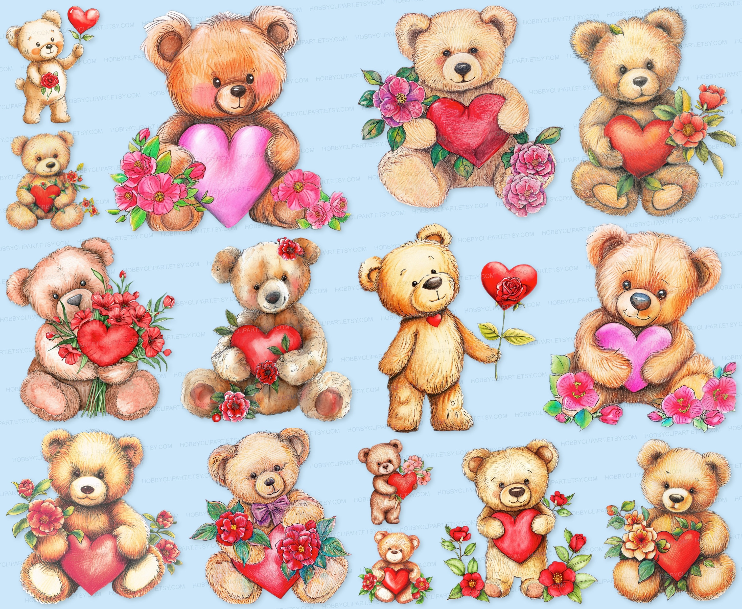 Valentine's Day Teddy Bear Clipart Bundle: Floral Heart PNG SVG ...