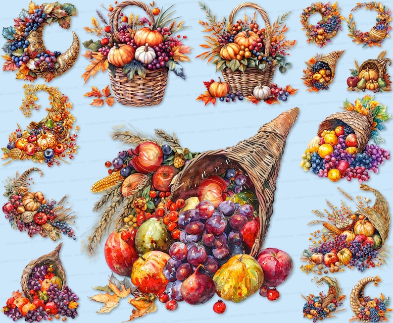 Watercolor Cornucopia Clipart: Thanksgiving Harvest PNG SVG Bundle ...