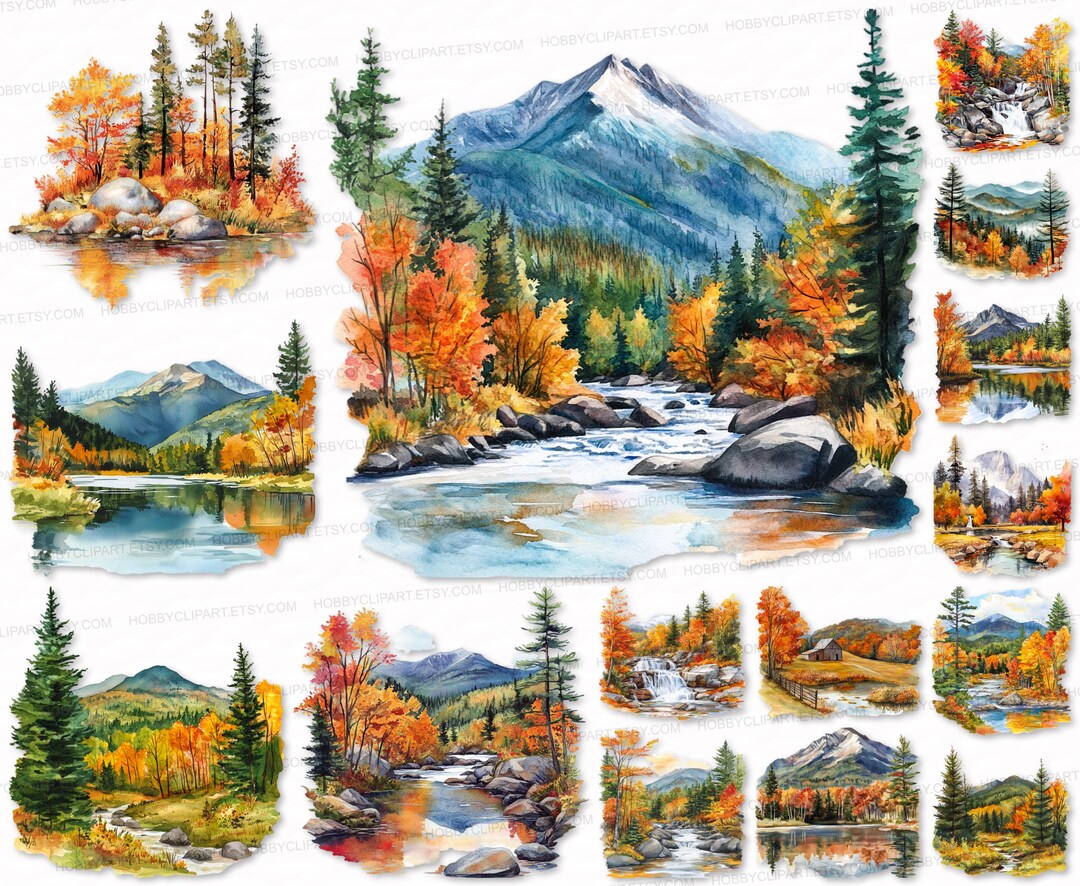 Watercolor Fall Landscape Clipart Bundle: Autumn PNG SVG Set - Etsy