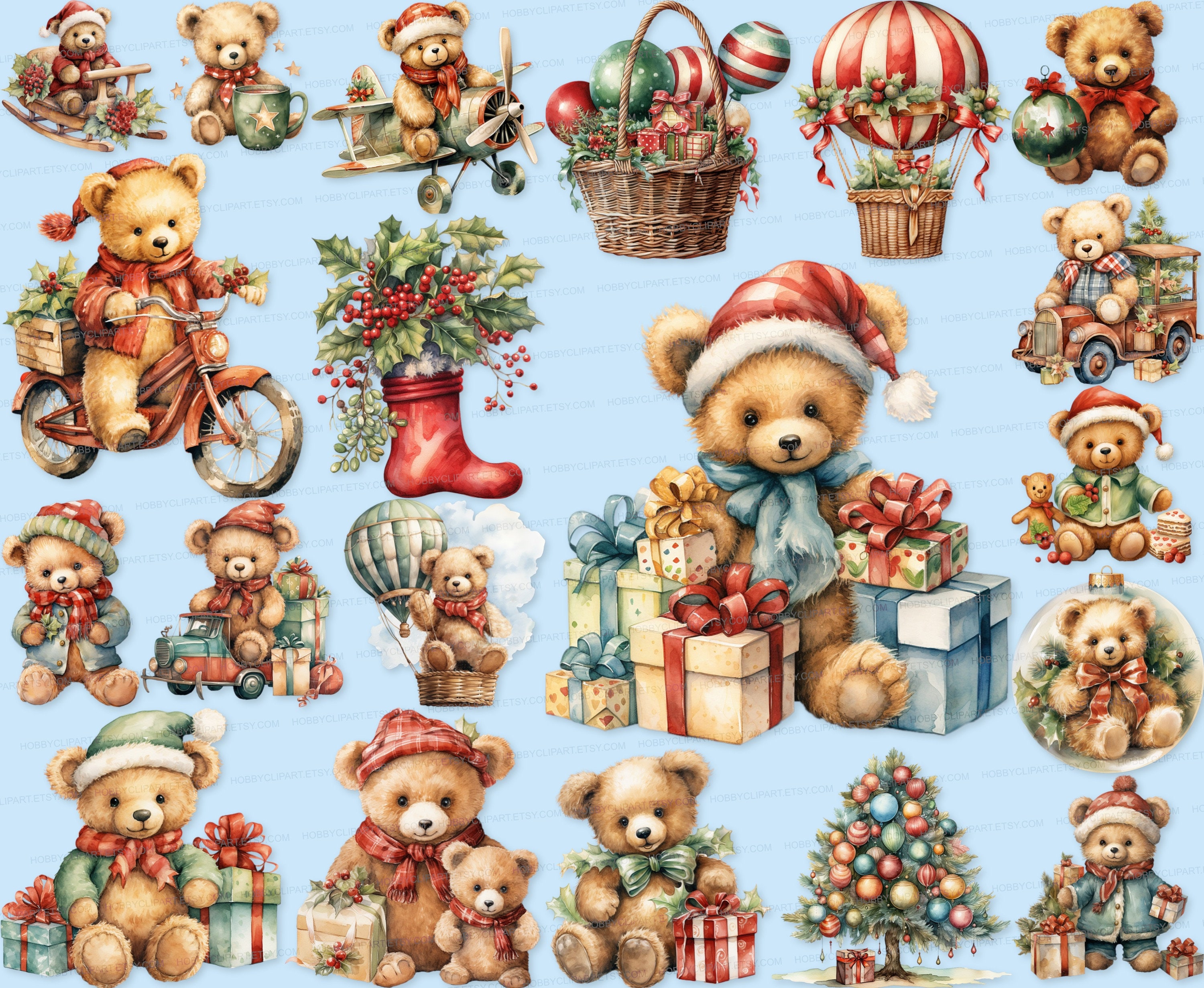 Christmas Teddy Bear PNG SVG Bundle Watercolor Clip Art 26 Clipart ...