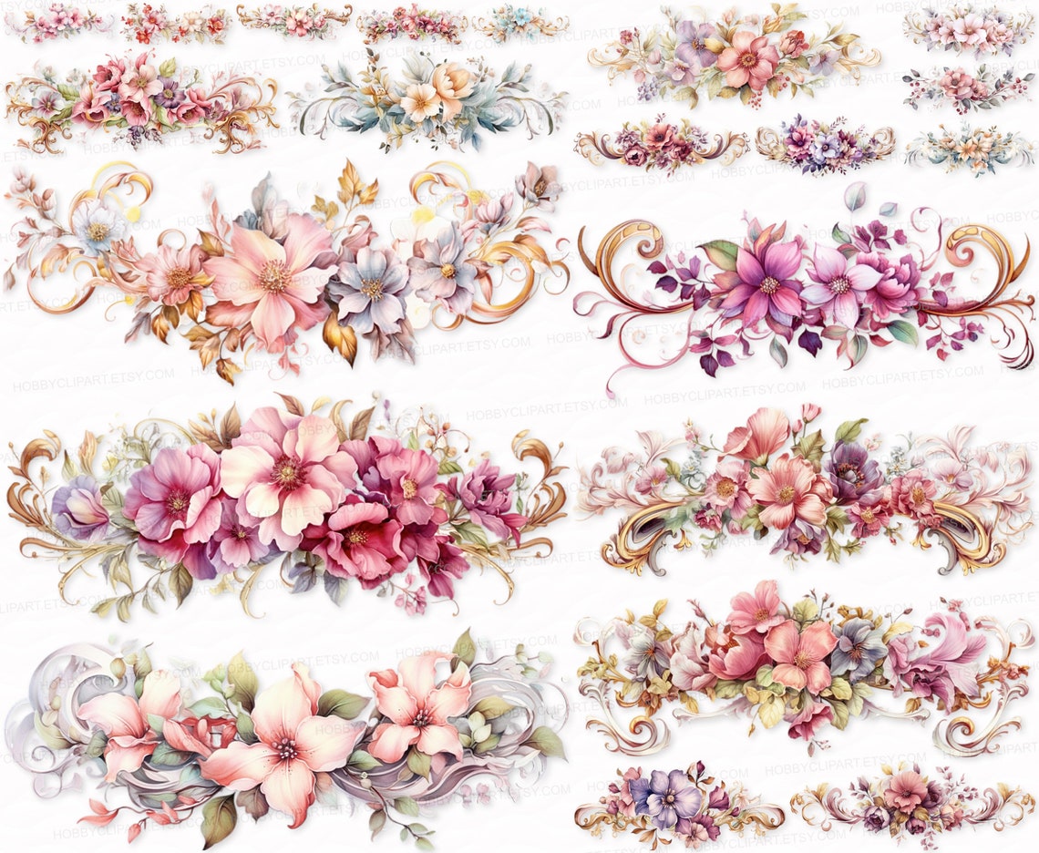 Horizontal Flower Border PNG SVG Watercolor Clipart Set Digital ...
