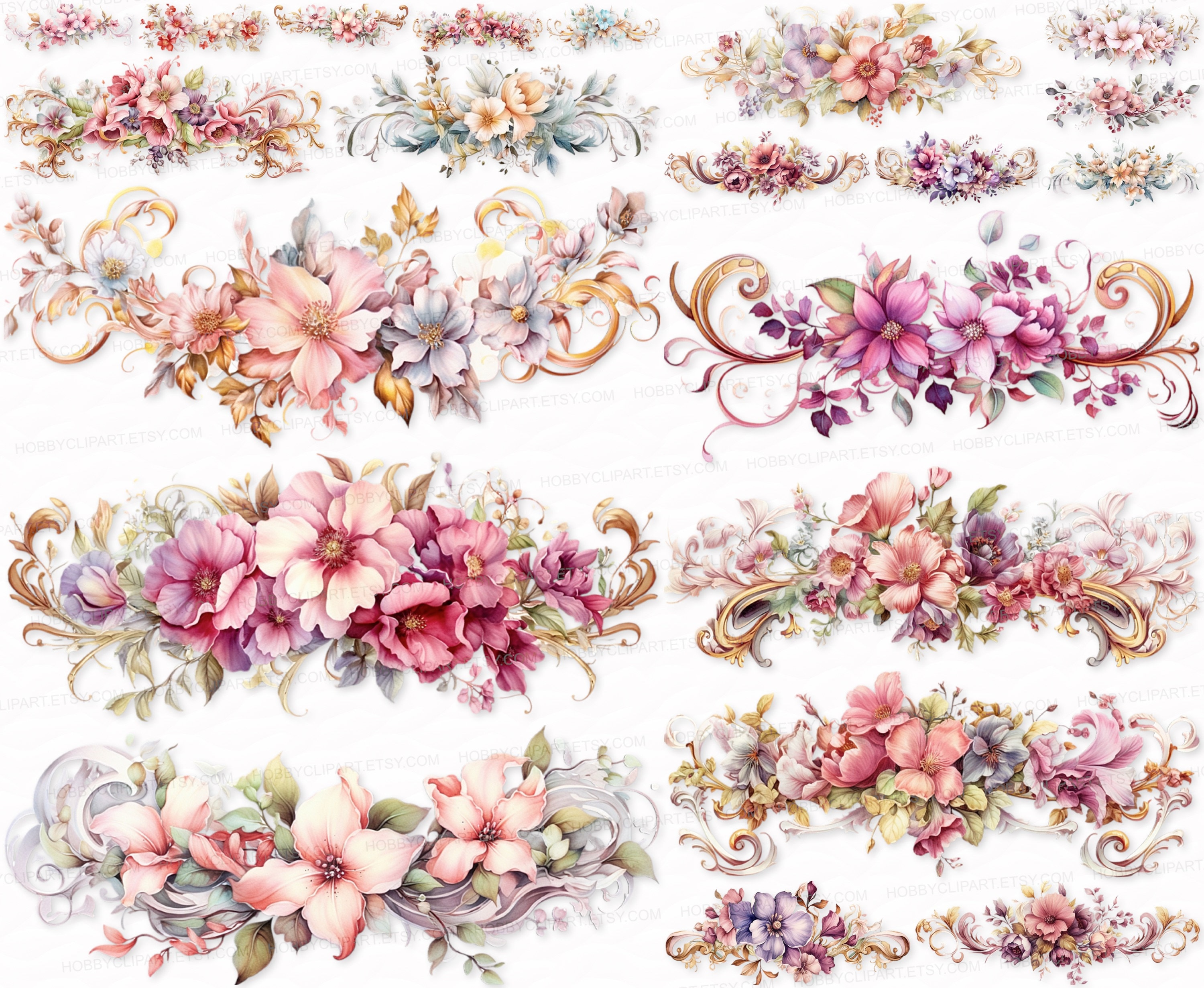 Horizontal Flower Border PNG SVG Watercolor Clipart Set Digital ...