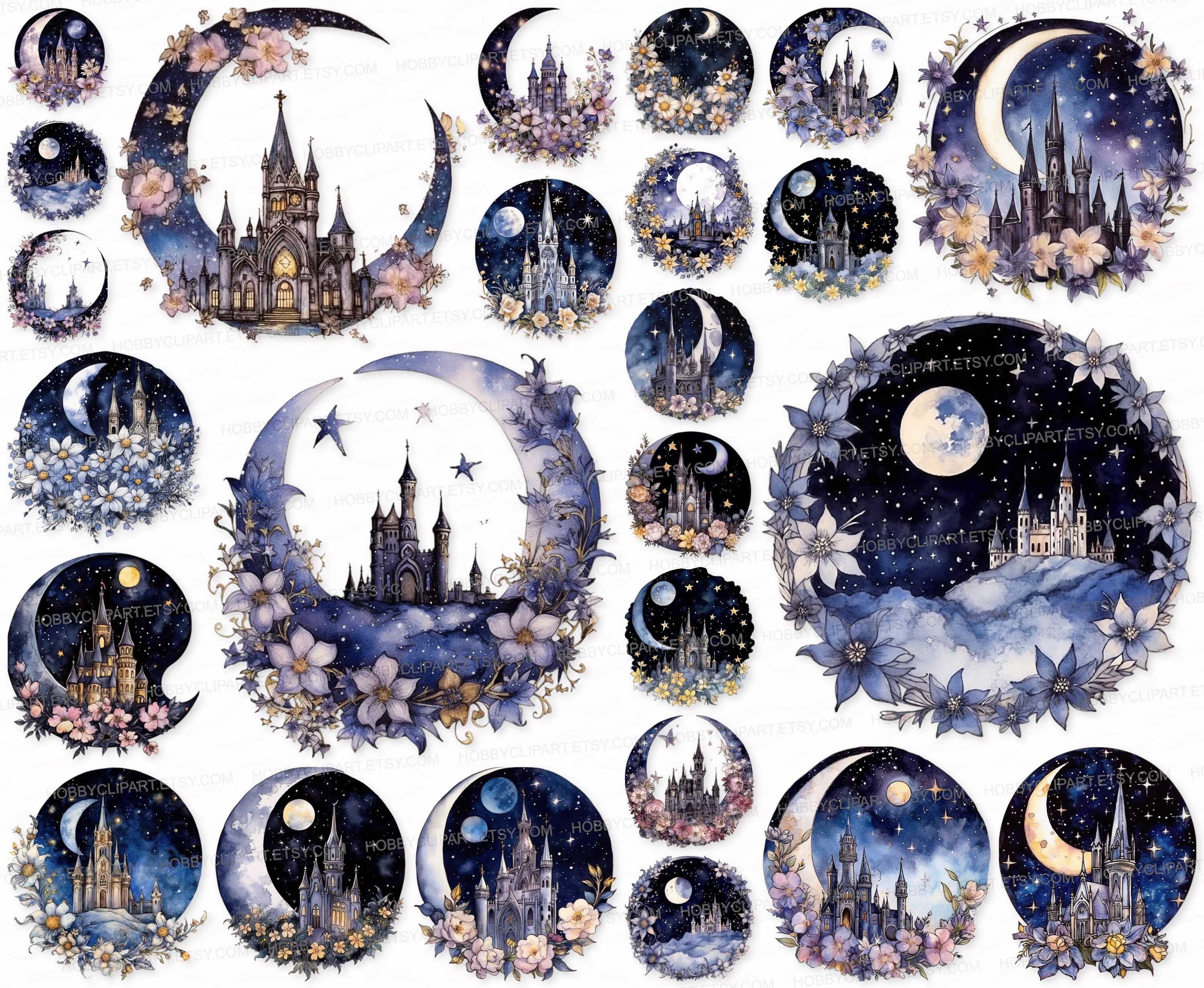Gothic Moon PNG SVG Watercolor Clipart Set Gothic Flower Moon Clip Art Digital Download ...