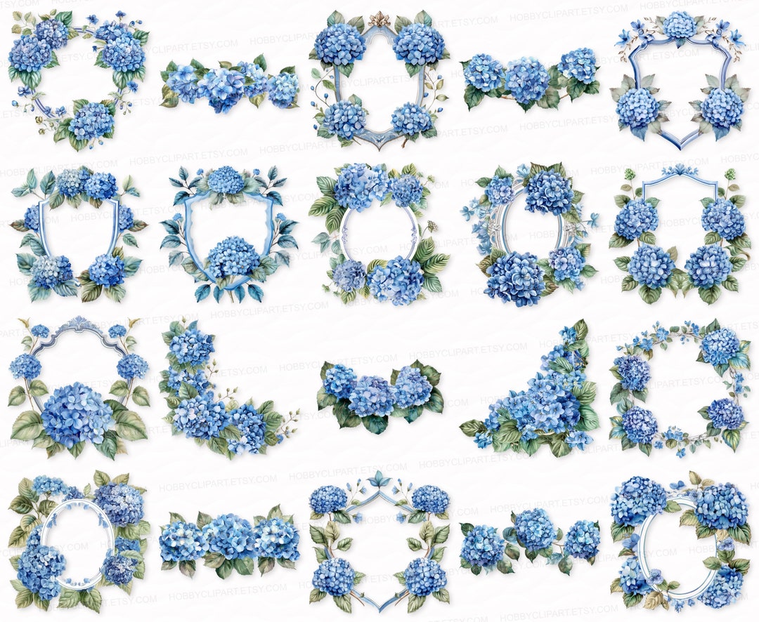 Hydrangea Clipart: Watercolor Flower Frames, Borders (PNG, SVG, EPS) - Etsy