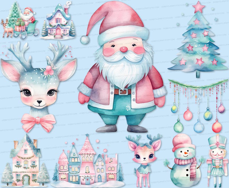 Pastel Christmas Clipart: Watercolor Santa Claus, Reindeer, Tree (PNG ...