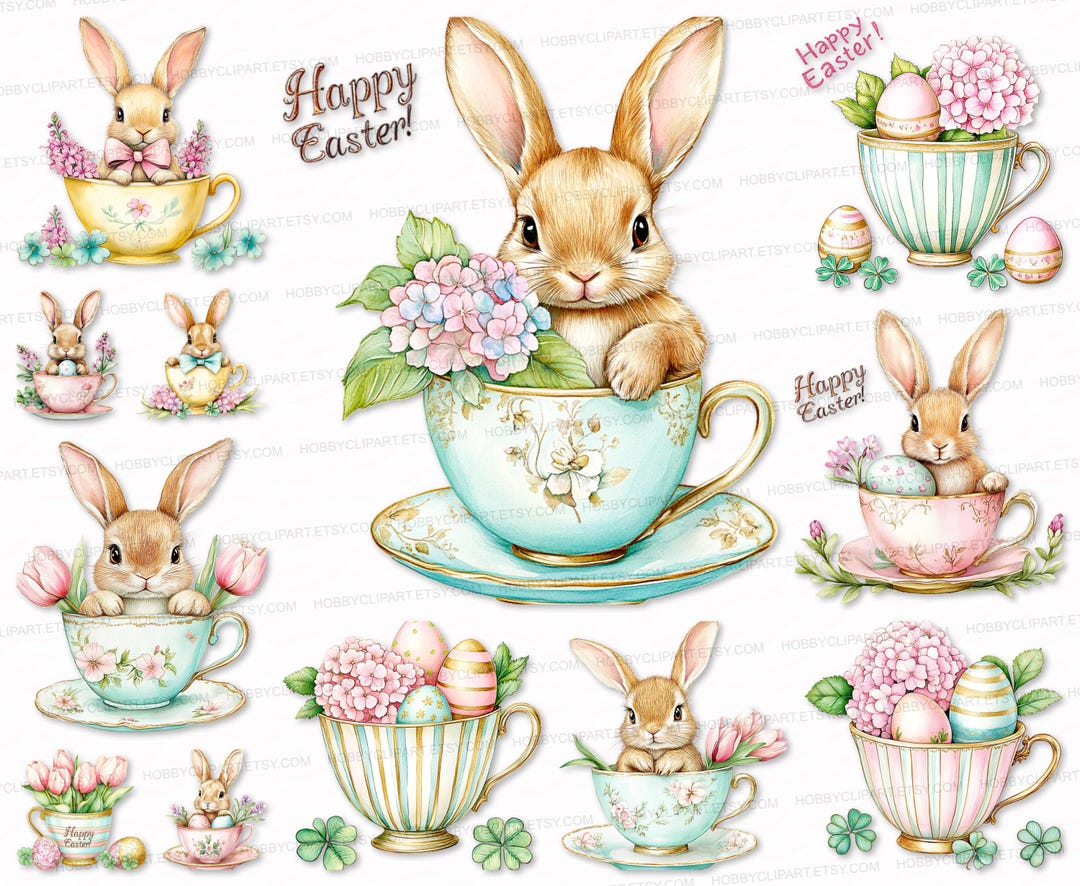 Printable Easter Bunny Clipart Set 20 PNG SVG Spring Flowers Bundle ...