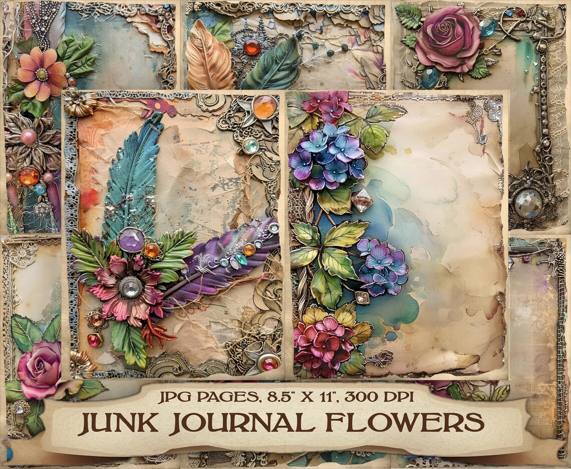 Vintage Flower Digital Junk Journal Pages 30 JPG PDF Scrapbooking Craft ...