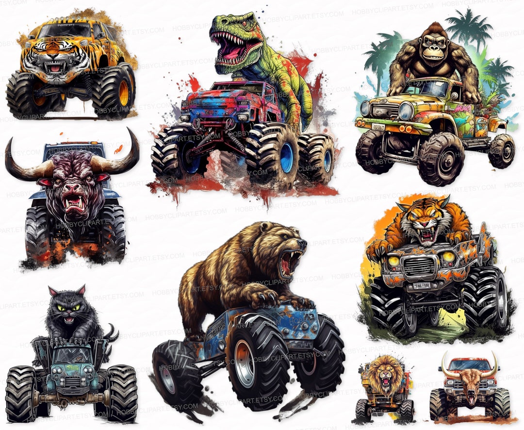 Watercolor Monster Truck Clipart Set: Animal Car Illustrations (PNG SVG ...