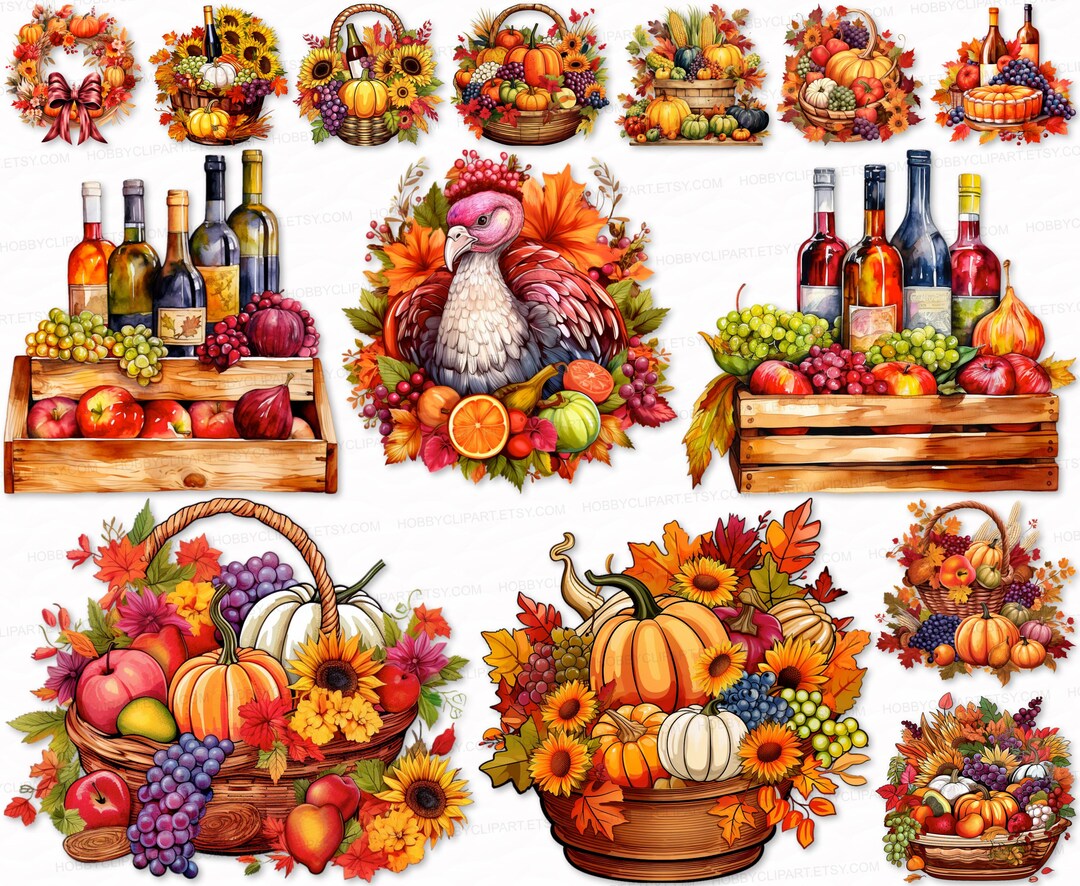 Watercolor Thanksgiving Clipart Set: Fall Harvest Illustrations (PNG ...