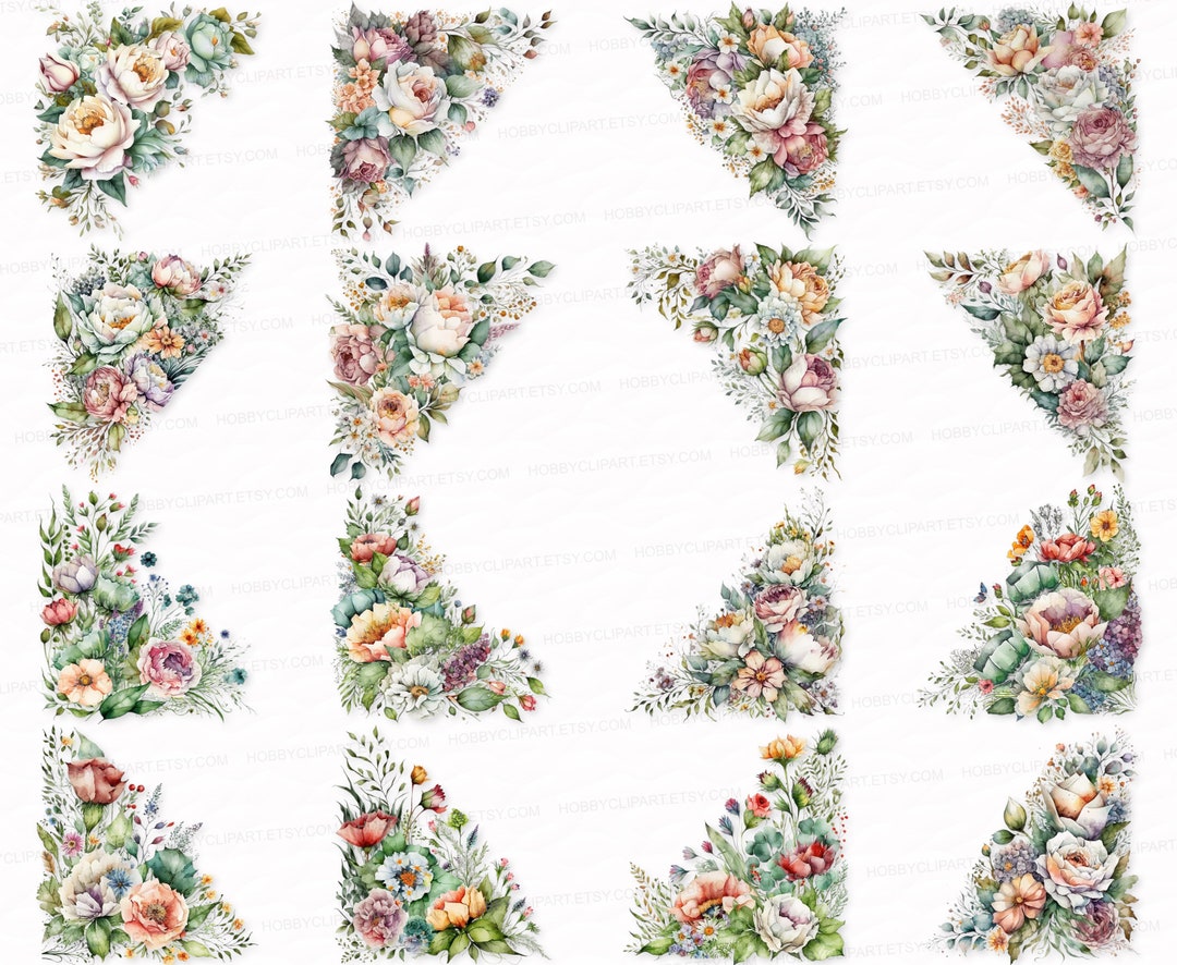 Corner Flower Border PNG SVG Watercolor Clipart Set Flower Stickers ...