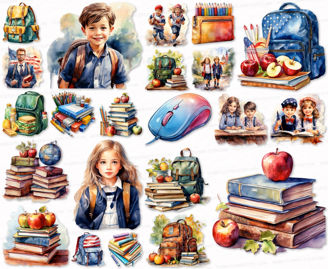 Watercolor School Clipart Bundle: 60 PNG & SVG Illustrations (digital ...
