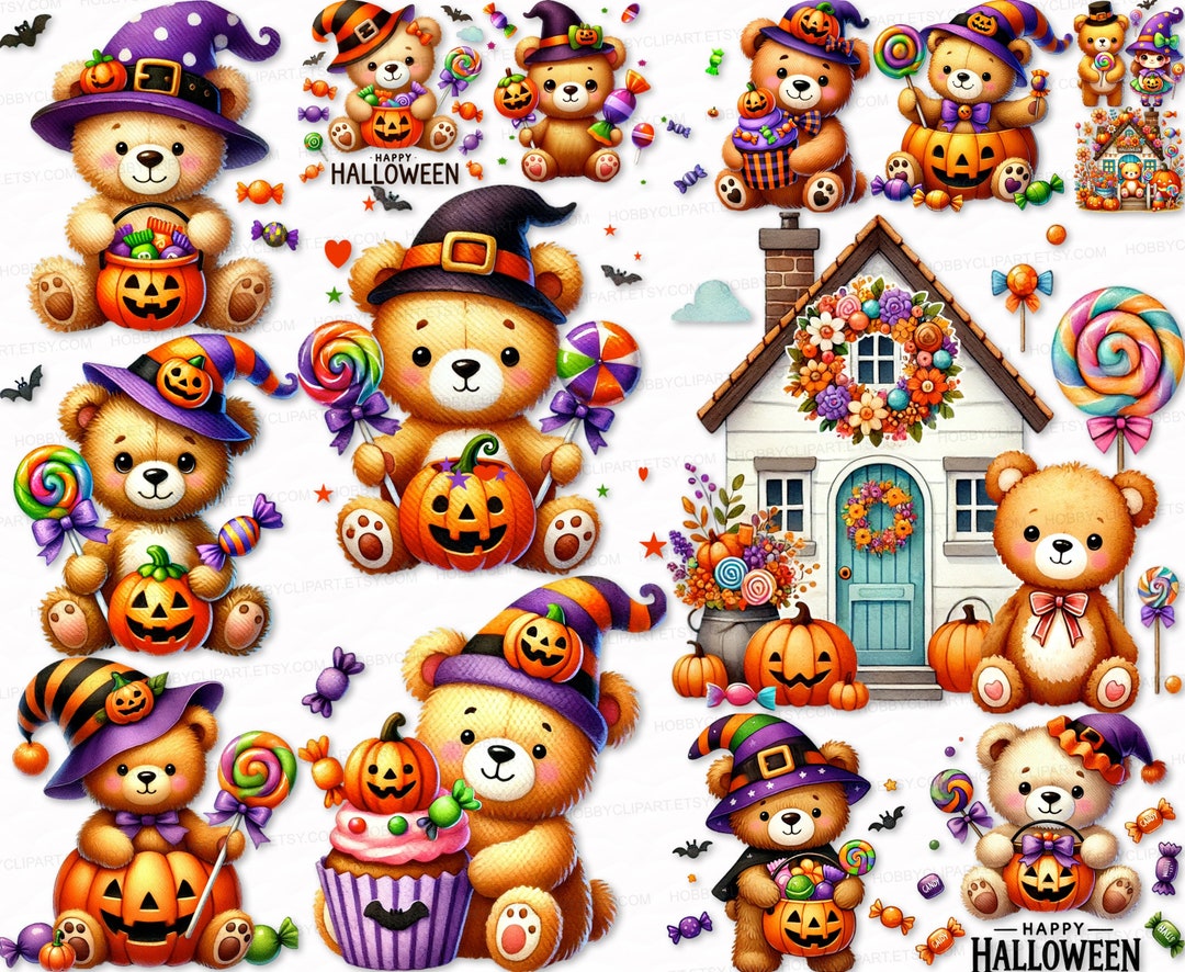 Cute Halloween Teddy Bear Clipart Bundle 26 PNG SVG Files Digital ...