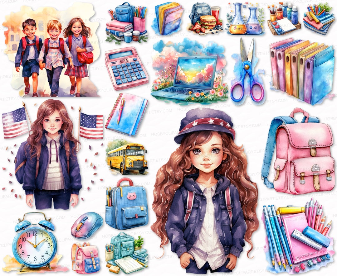 Watercolor School Clipart Bundle: 60 PNG & SVG Illustrations (digital ...