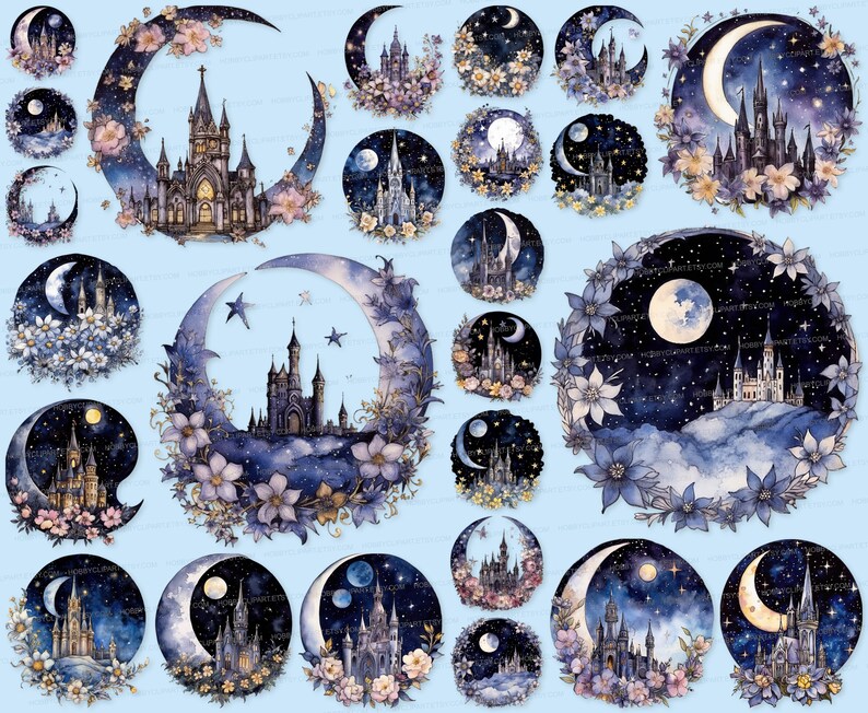 Gothic Moon Watercolor Clipart Set: Floral Crescent PNG SVG (digital ...