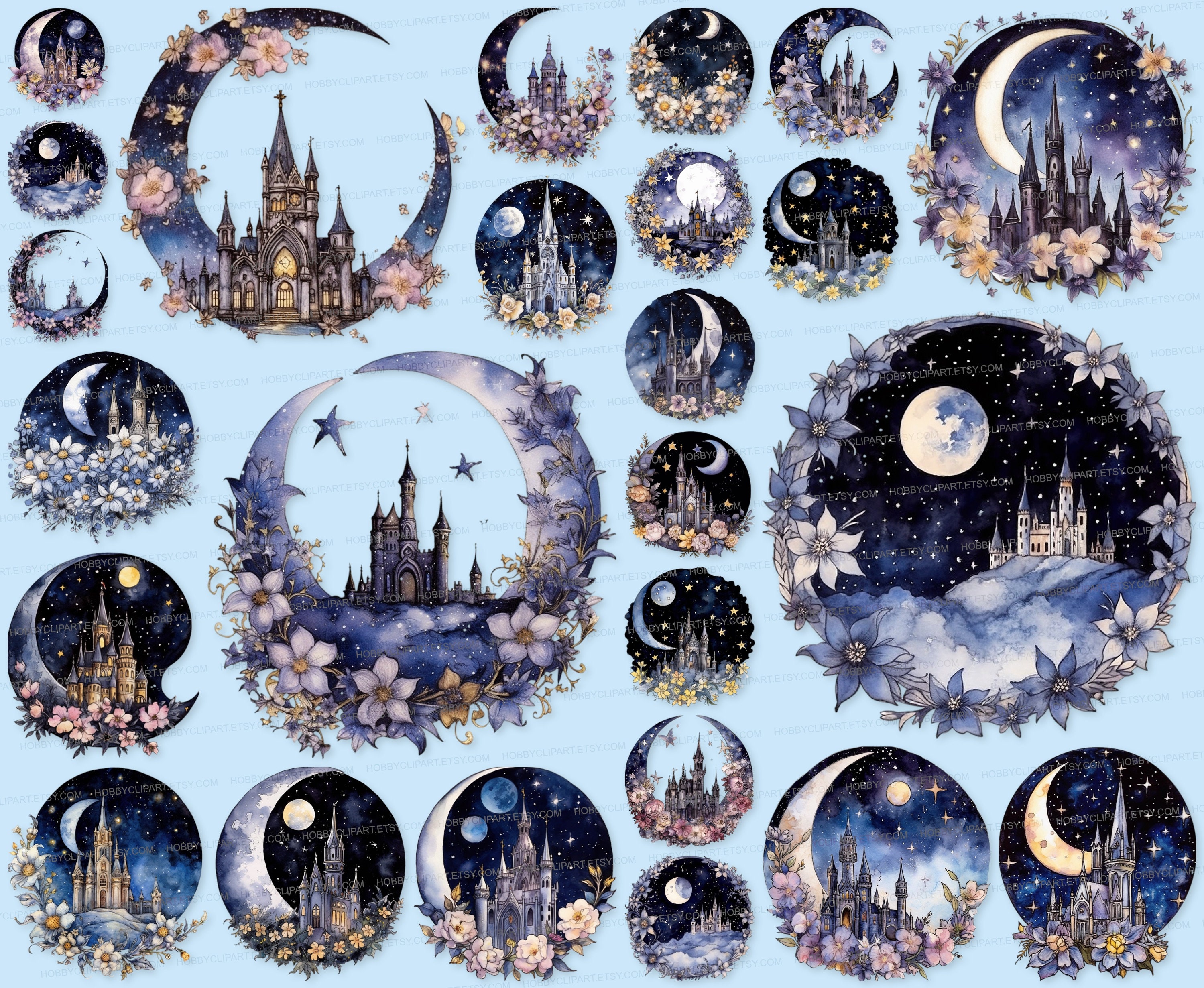 Gothic Moon PNG SVG Watercolor Clipart Set Gothic Flower Moon Clip Art ...