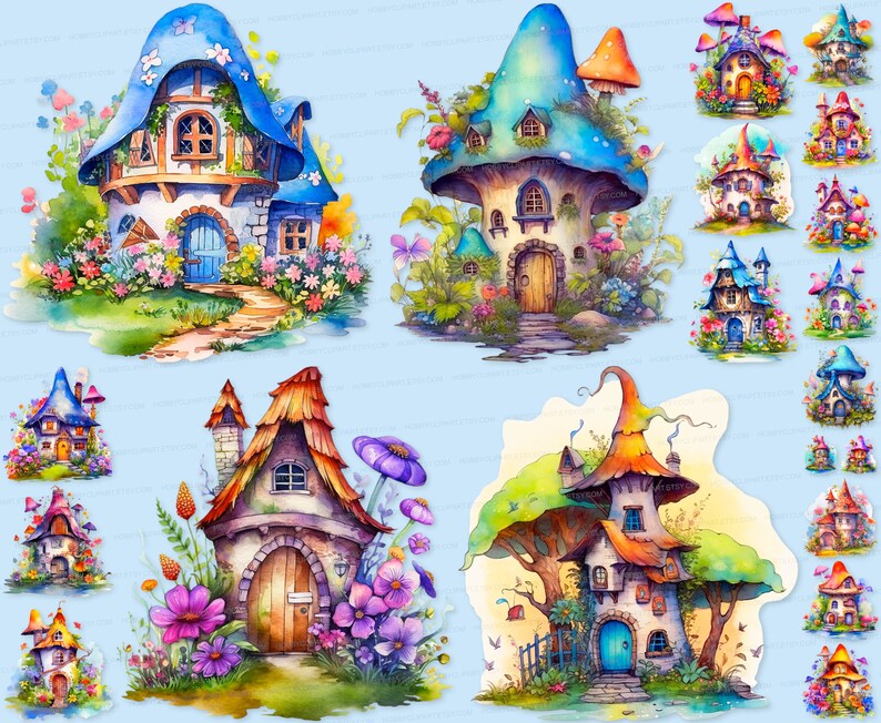 Fairy Mushroom House PNG SVG Watercolor Clipart Set Mushroom House ...
