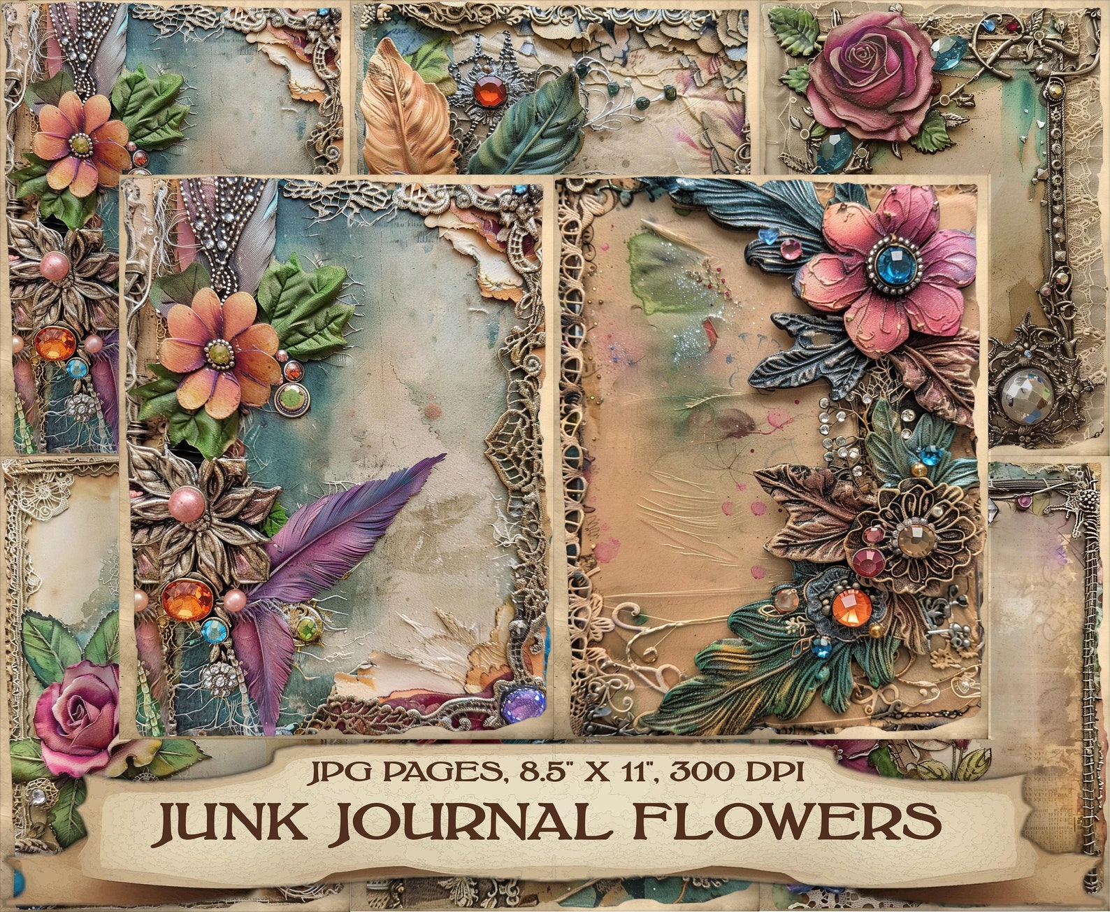 Vintage Flower Digital Junk Journal Pages 30 JPG PDF Scrapbooking Craft ...