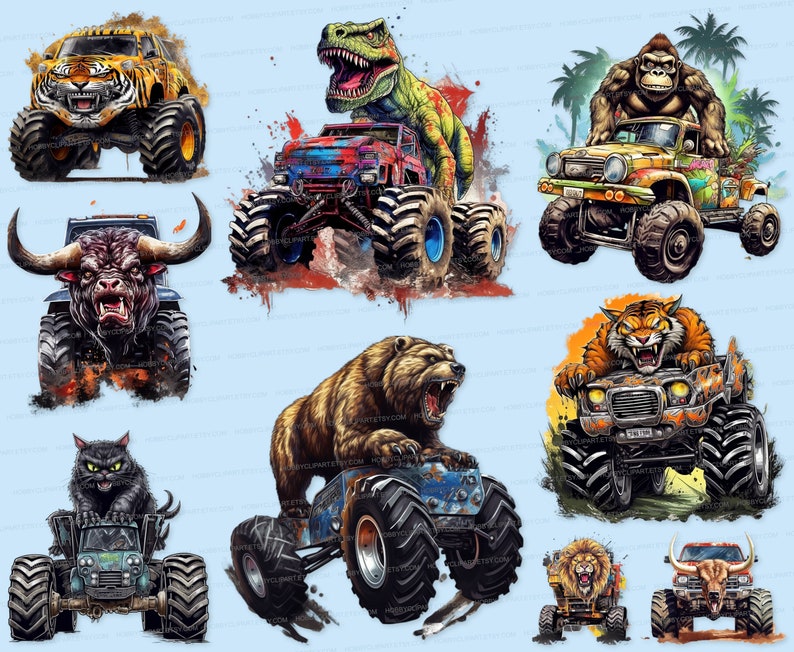 Watercolor Monster Truck Clipart Set: Animal Car Illustrations (PNG SVG ...