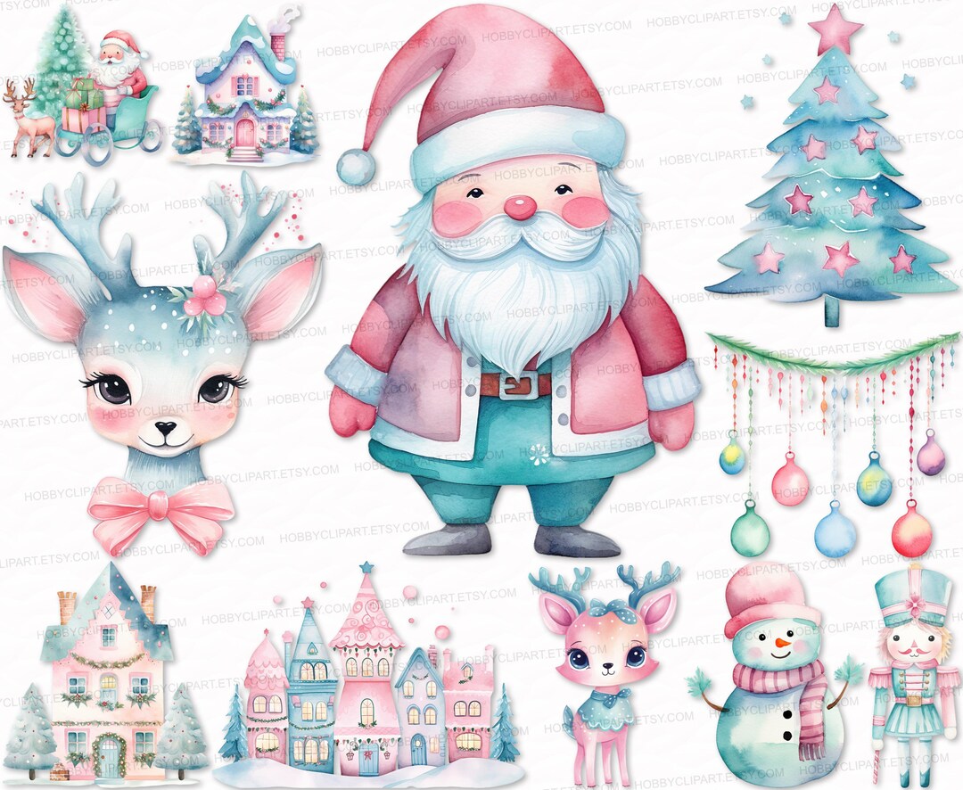 Pastel Christmas Clipart: Watercolor Santa Claus, Reindeer, Tree (PNG ...
