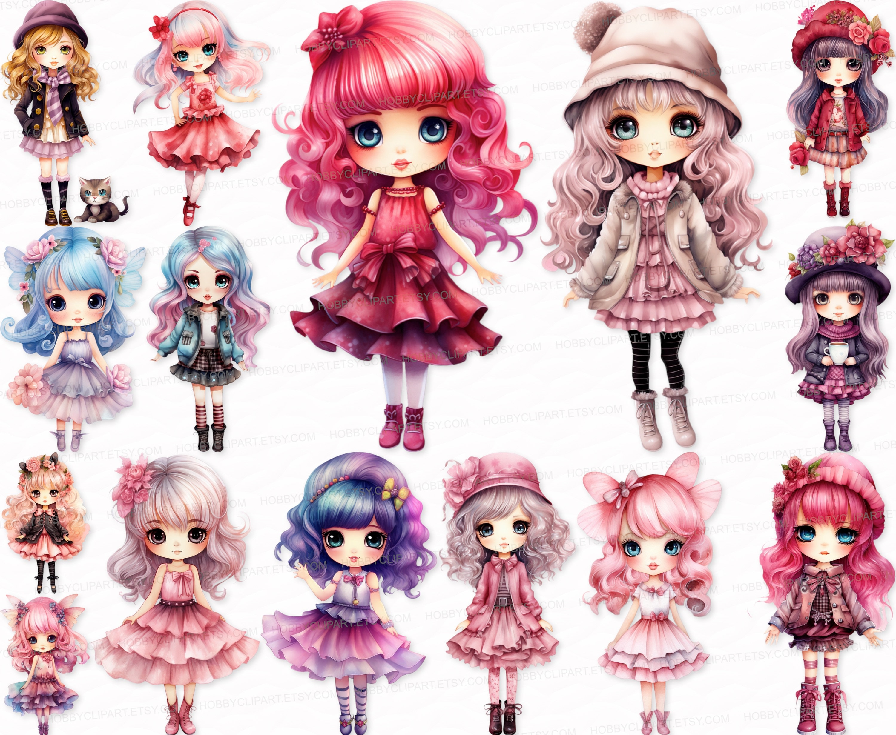 Cute Doll PNG SVG Bundle Watercolor Clip Art 22 Clipart Sublimation ...