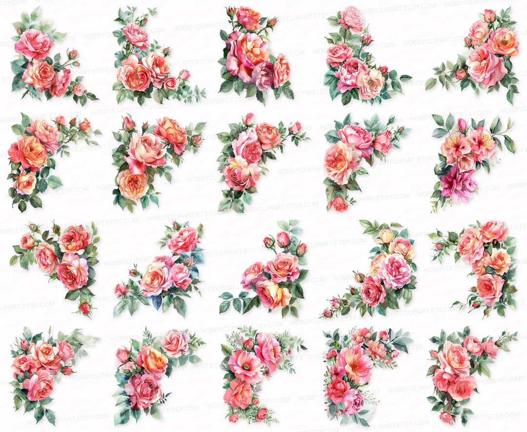 Watercolor Roses Corner Border Clipart: Floral PNG SVG (digital ...