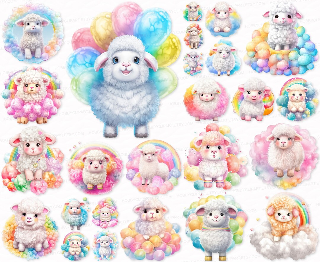 Colorful Baby Sheep PNG SVG Watercolor Clipart Set Rainbow Baby Sheep ...